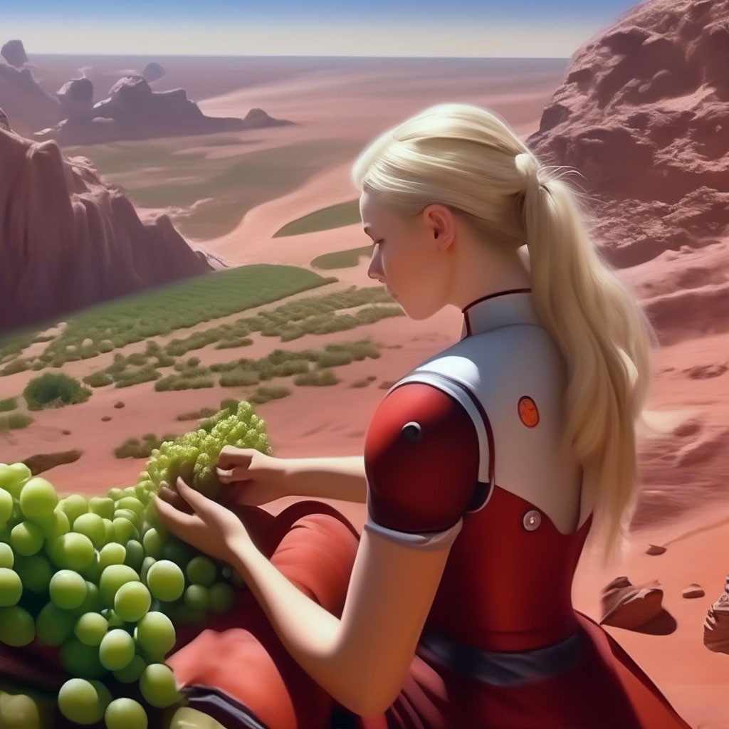 "A blonde beautiful girl grows grapes on Mars, an oasis on a lifeless ...