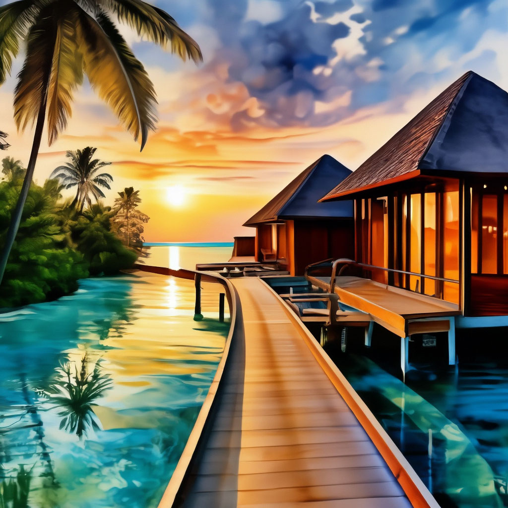 "Sunny Maldives, high quality, watercolor, contour drawing, detailing ...