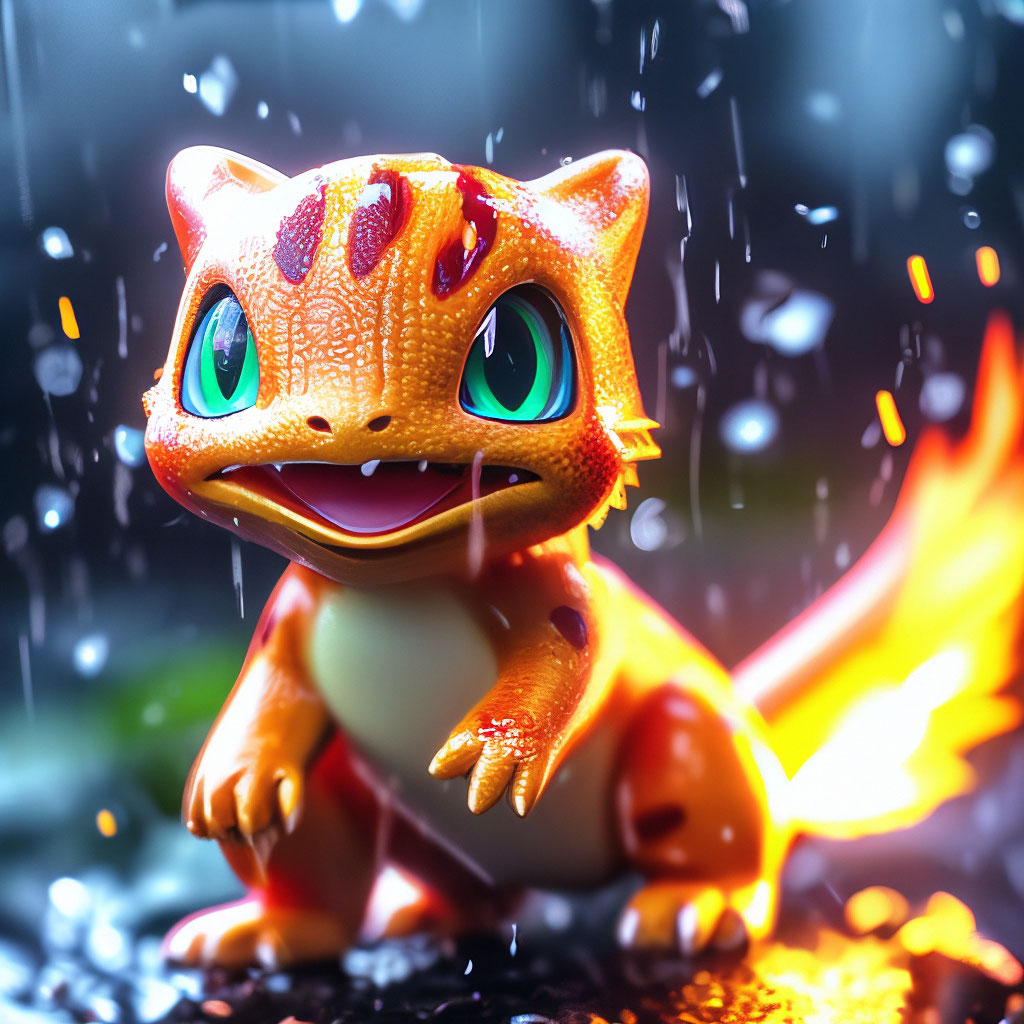 "Charmander, Pokemon, fiery, cute, smooth head, fire burning at the end ...