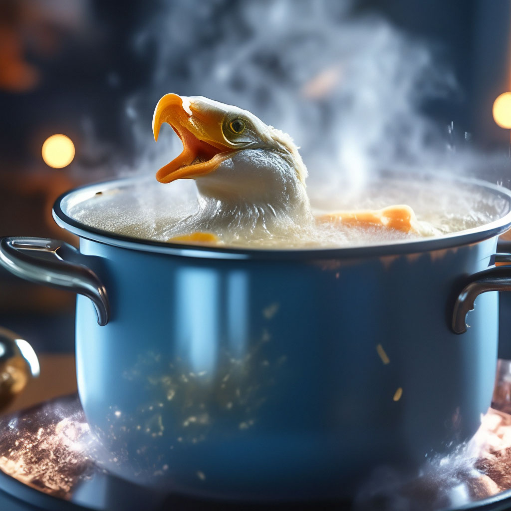 "There is soup in the pot from the screaming head of a drake. top view ...