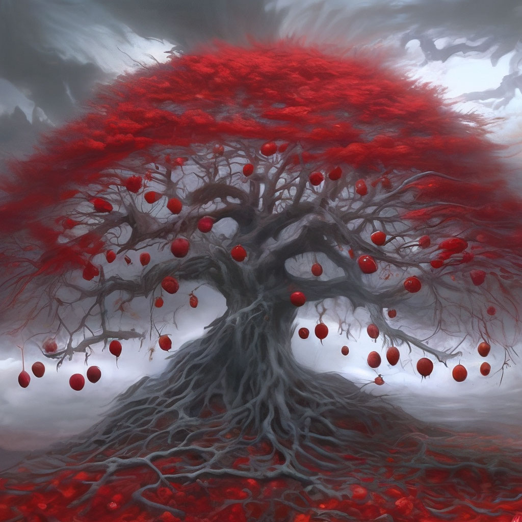 "Mood color red, tree of life in gothic style with ruby-silver apples ...