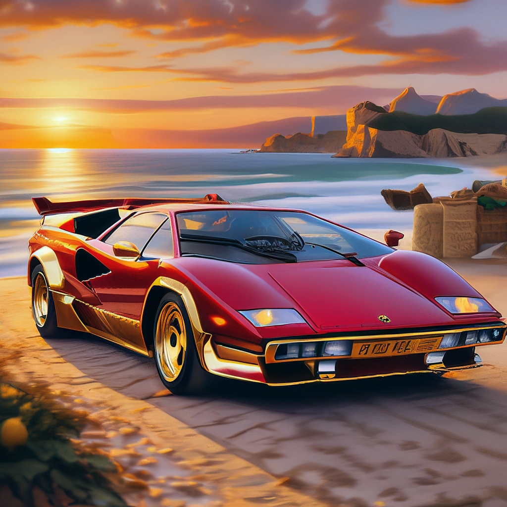 "Lamborghini countach red, bumper and wheels made of gold, against a ...