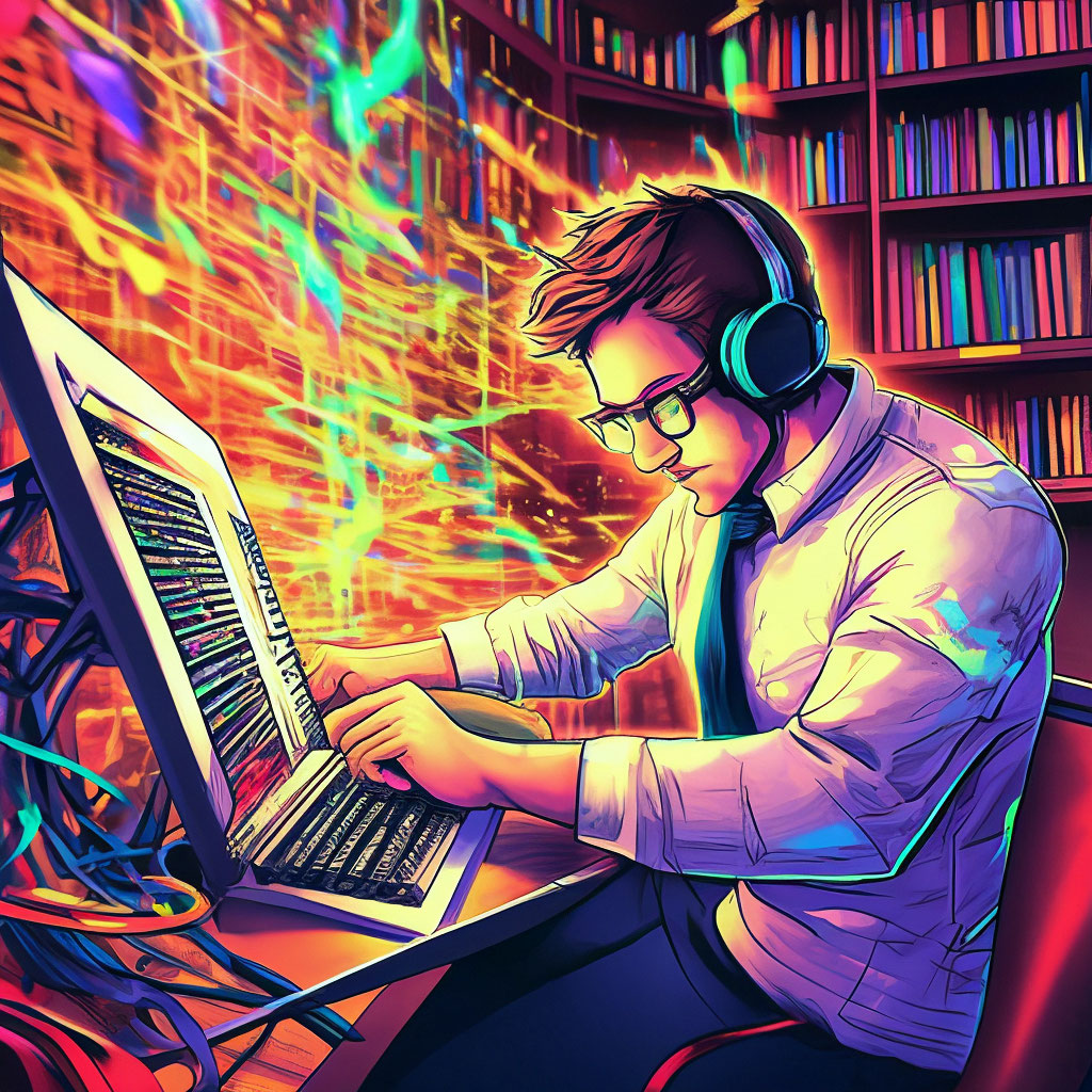 "The programmer writes code furiously" — image created in Shedevrum