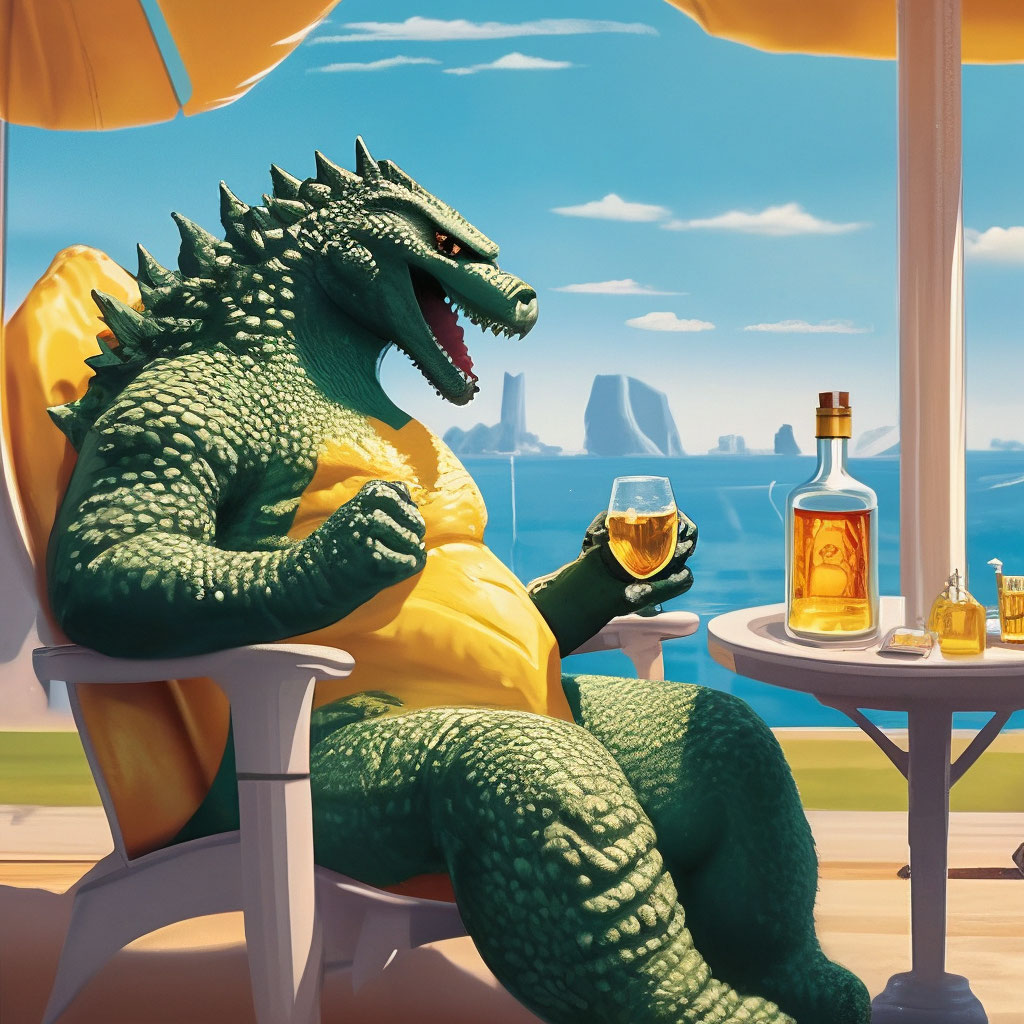 "Godzilla is sitting on a chair in the summer with an expensive whiskey ...