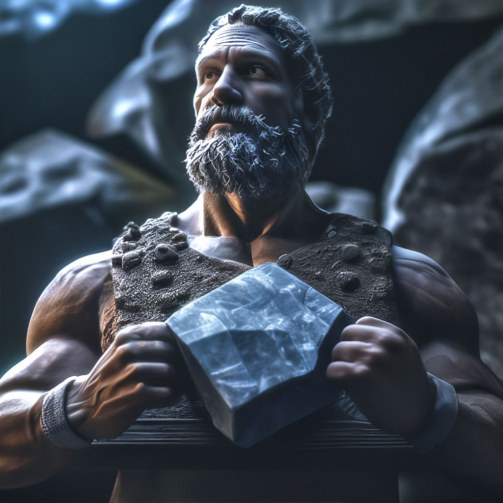 "He has a granite stone in his chest, dim lighting, professional photo ...