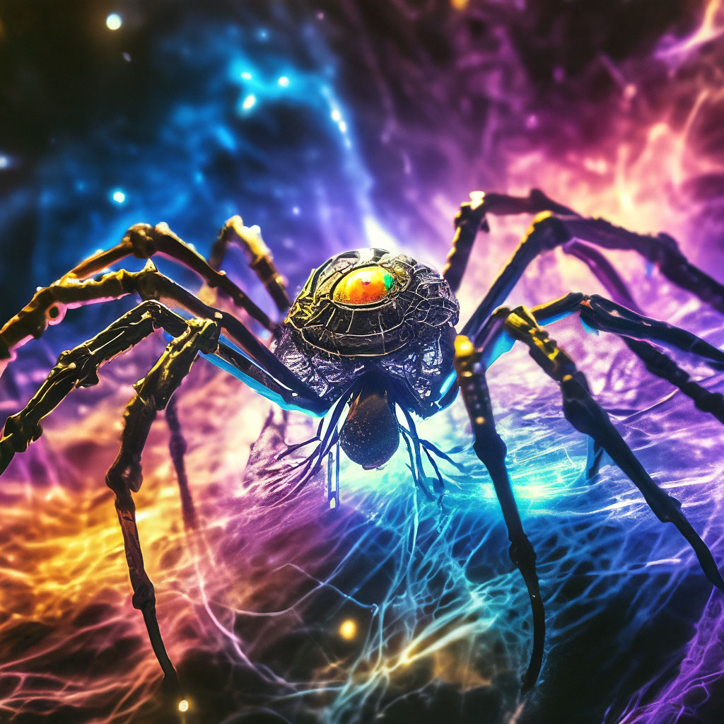 "Cosmic mechanical shiny spider of the universe weaves a web, two ...
