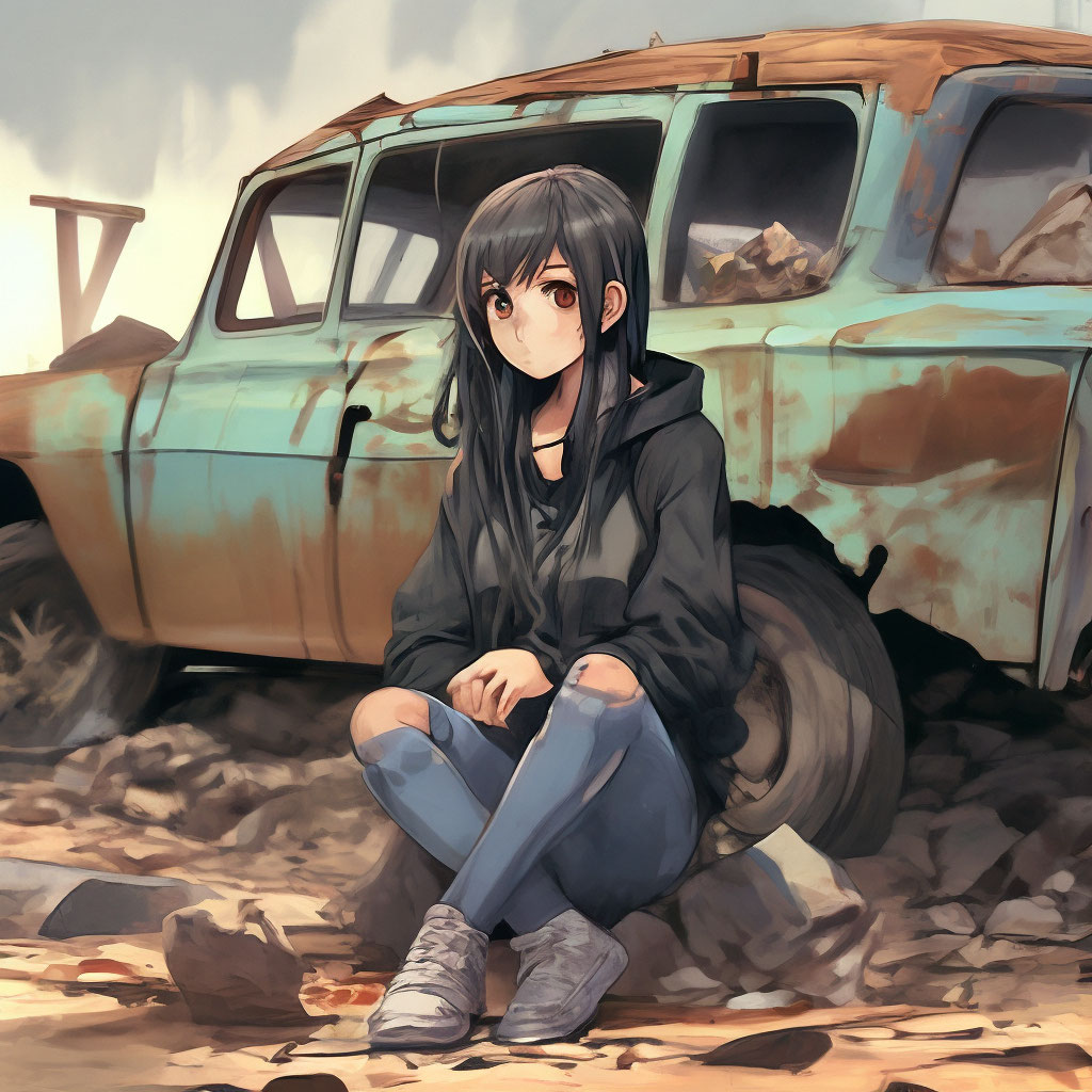 "Anime art dirt dust despair rusty pieces of iron leaning on the body ...