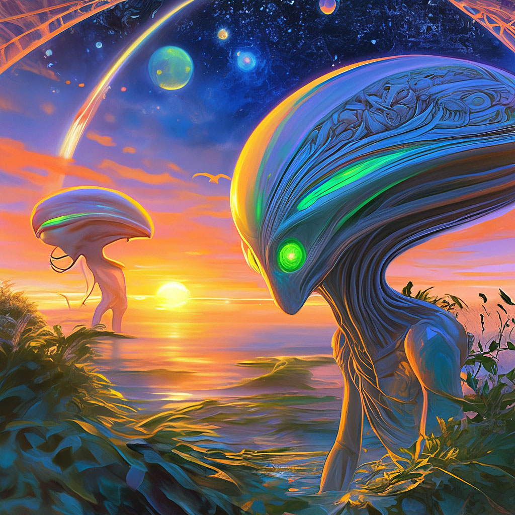 "Alien vegetation, two stars, alien sunset, watercolor drawing, ink ...