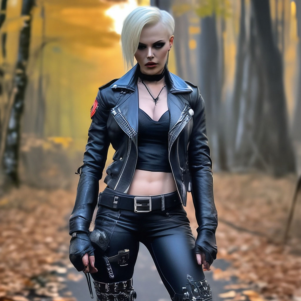 "Necromorphic beautiful vampire biker girl in black leather tight ...