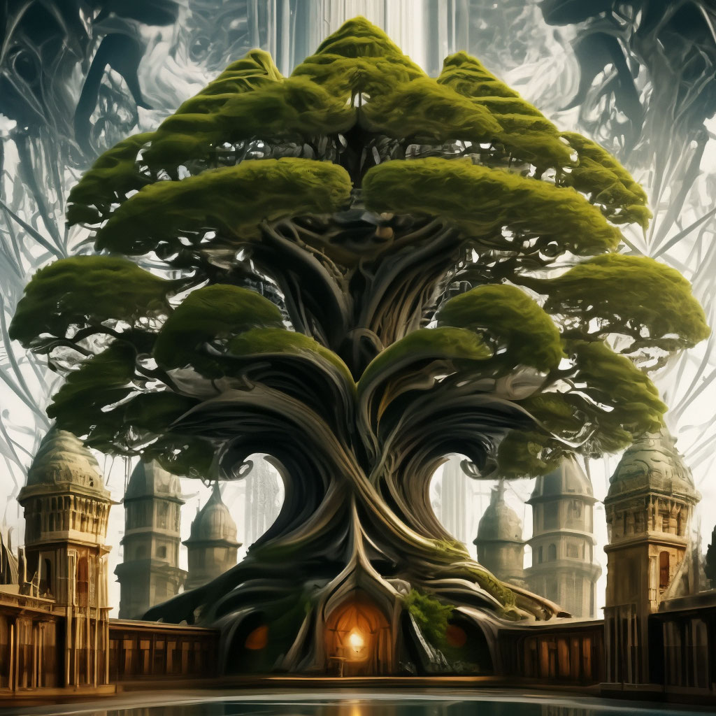 "Grotesque absurd world, fractal tree with leaves, architecture ...