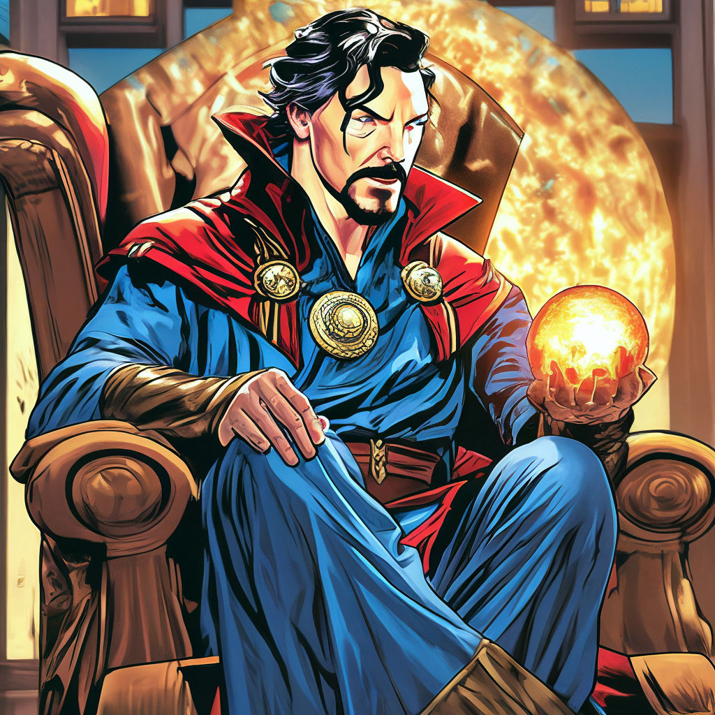 "Comic, Doctor Strange sitting in a leather chair, magic ball, detail ...