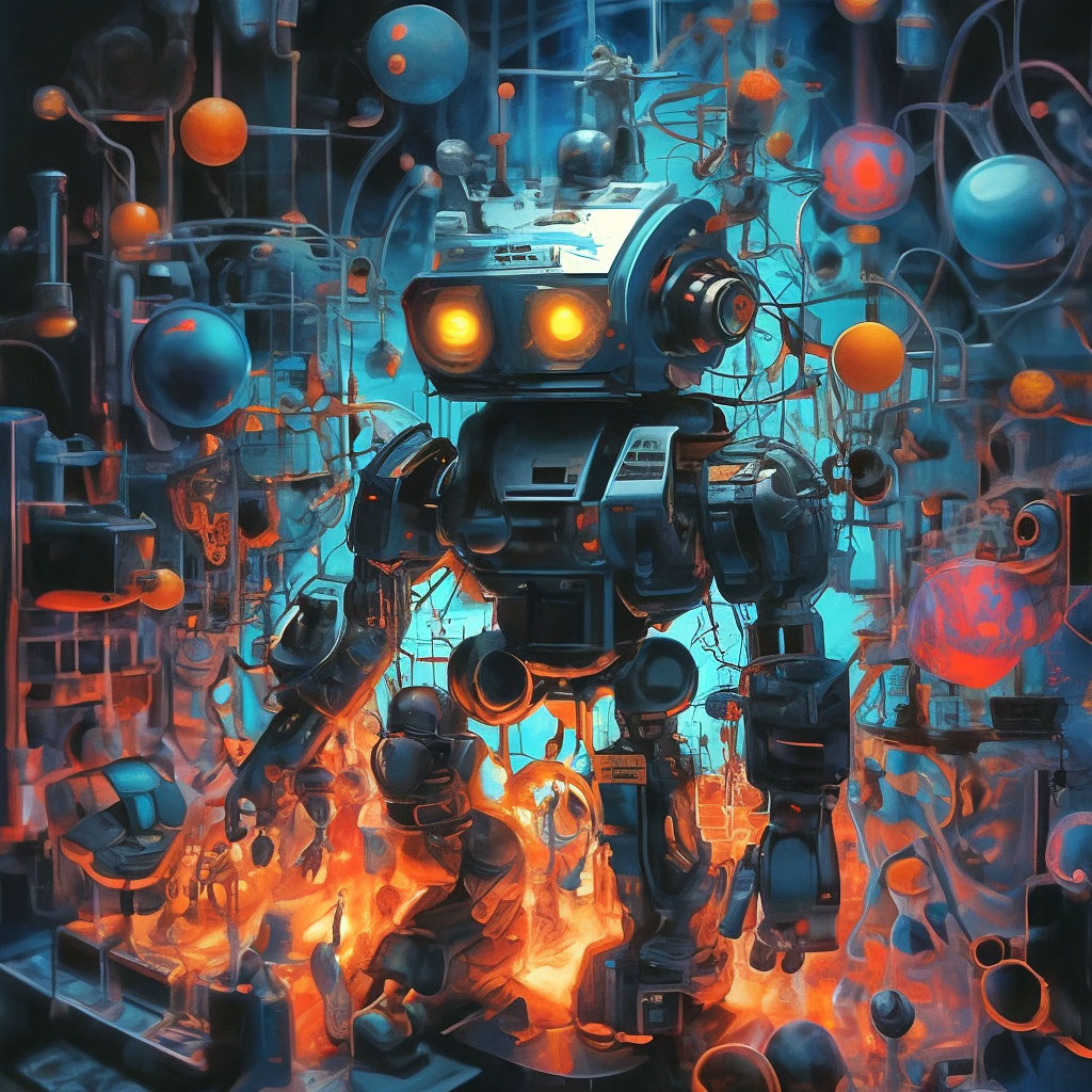 "Robot 🤖.Darkness, dark tones. dark colors .chaos of molecules. humor ...