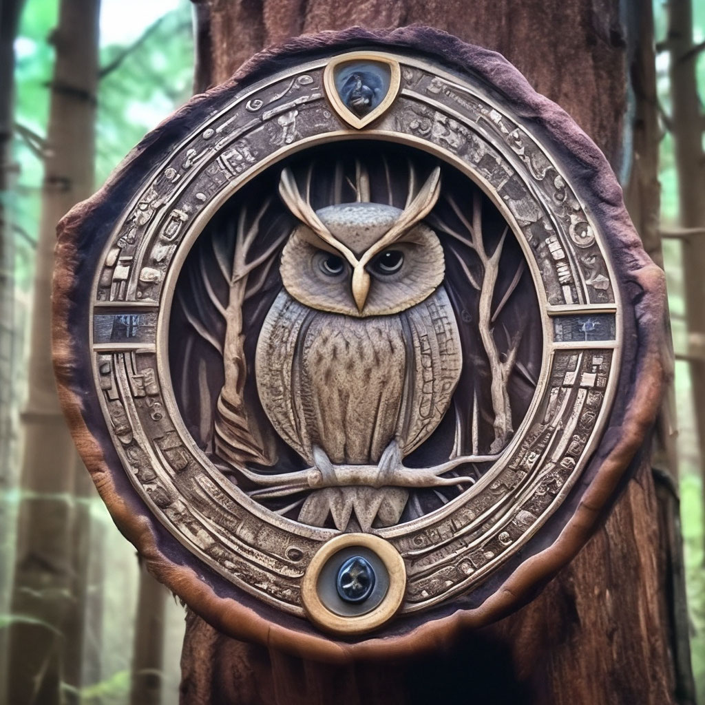 "Owl tree runes owl signs old forest" — image created in Shedevrum