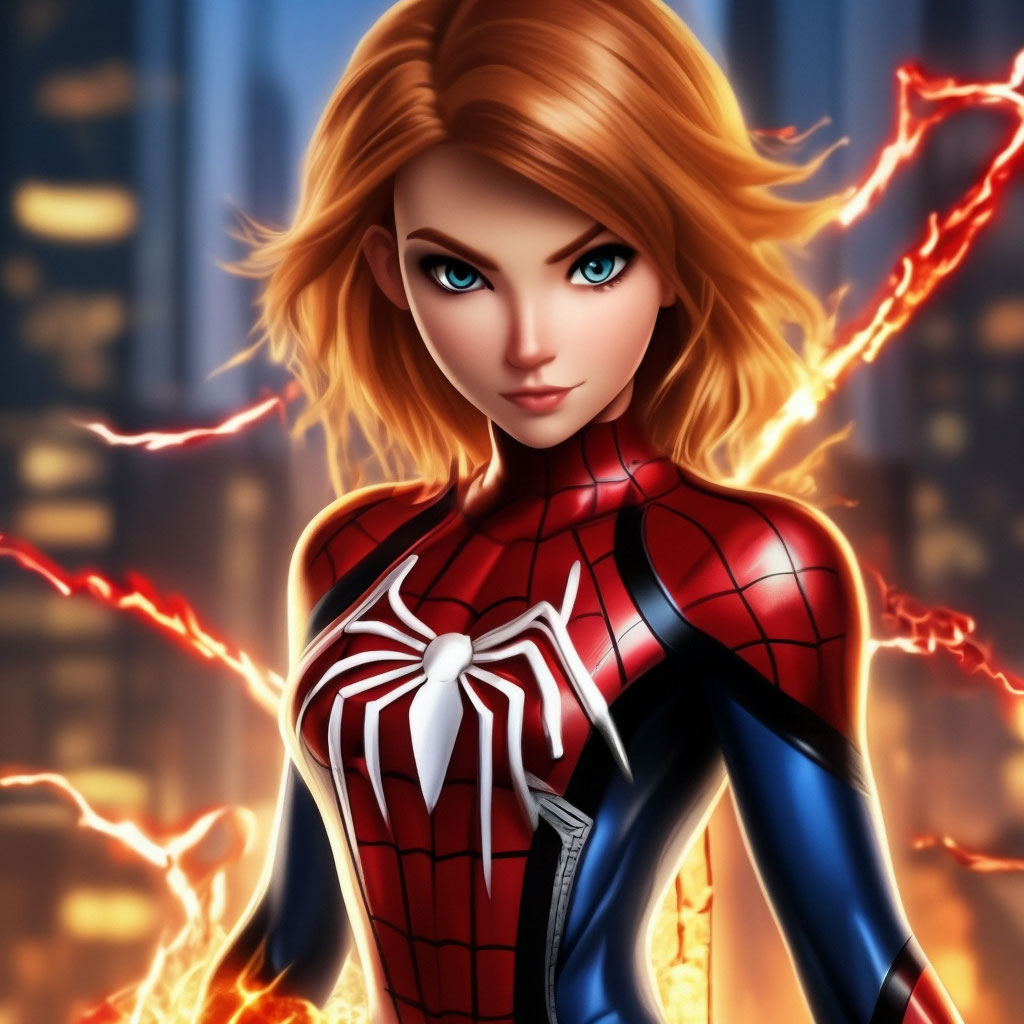 "Evil pixie girl, flame, lightning , in an anime-style spider-man ...