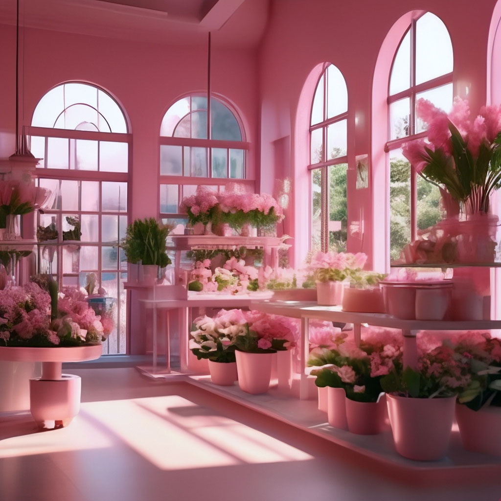 "Flower shop in pink shades, clear lines, soft lighting, aesthetically ...