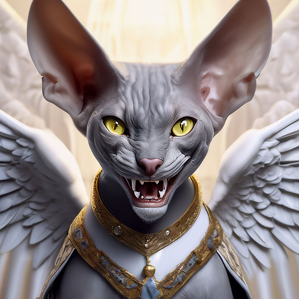 "Detailed bald gray sphinx cat, dressed like an angel, bared teeth, big ...