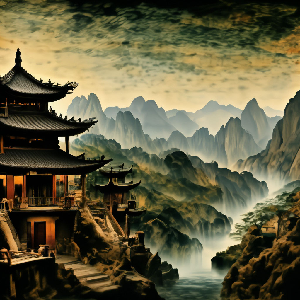 "An ancient Chinese engraving..." — image created in Shedevrum