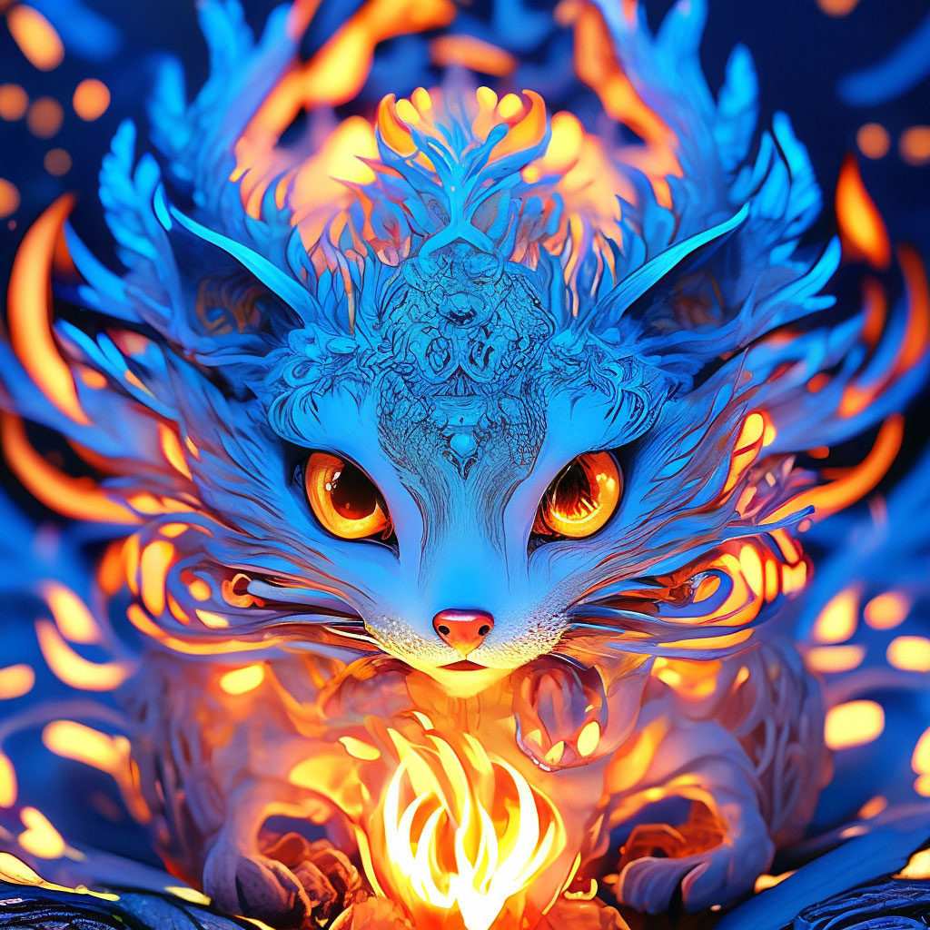 "♥️ zentangle, anime funny cute fiery blue unknown beast, 32k ...