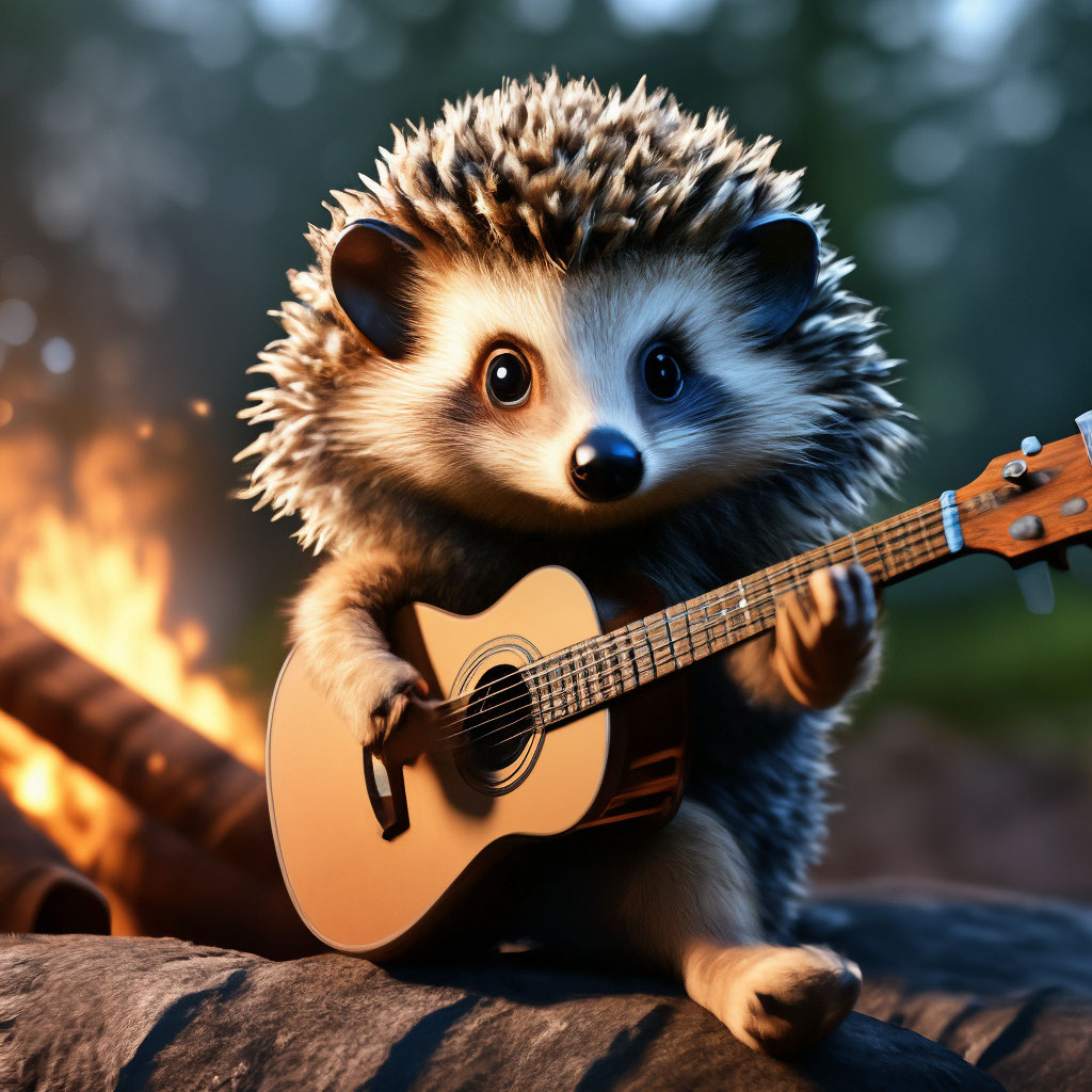 "©AlexP Forest,anthropomorphic hedgehog with a guitar sitting near a ...