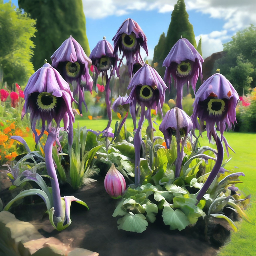 "A yard of creepy flowers in a flower bed" — image created in Shedevrum