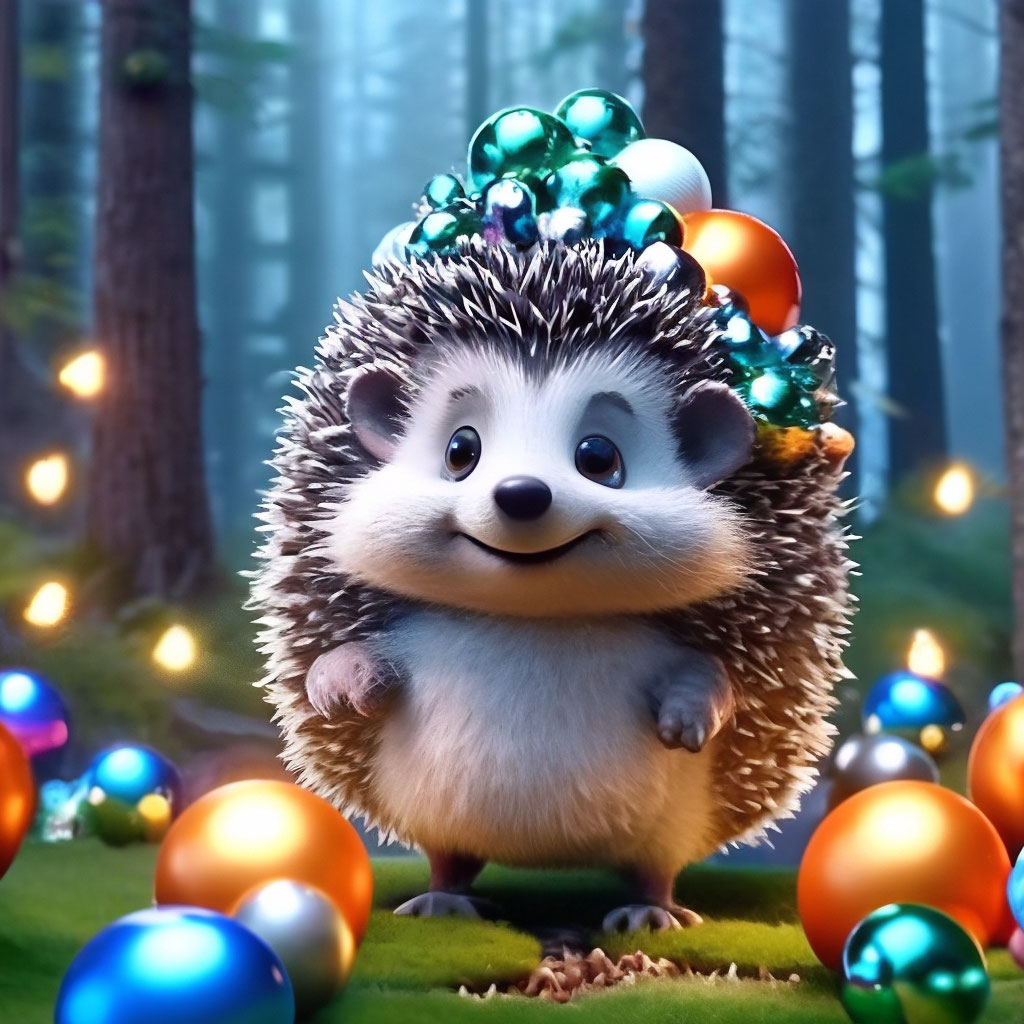 "A cute hedgehog stands in a forest clearing with New Year's toys on ...