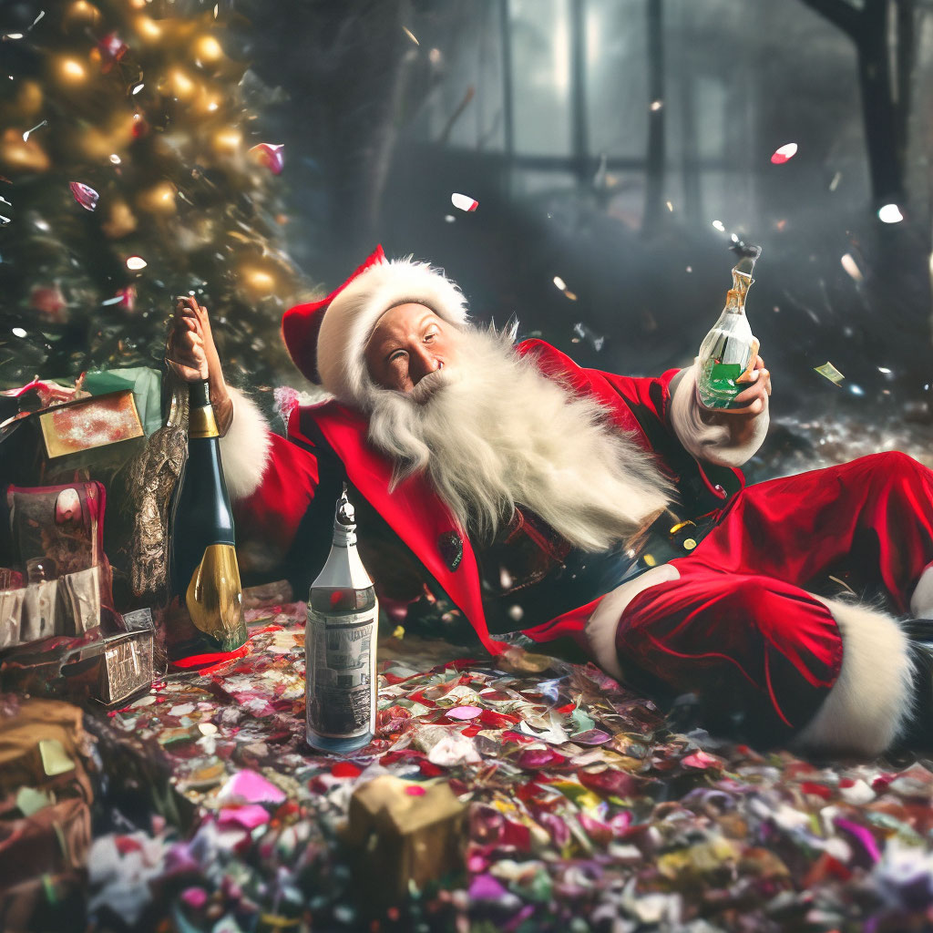 "A drunken Santa Claus is lying with a bottle of champagne under the ...