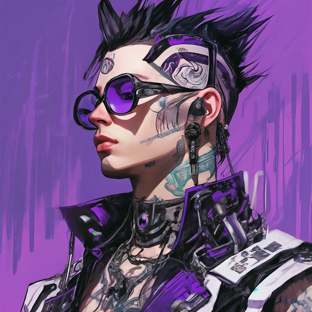 "~🖤🔥 sketch art, cyborg guy, gothic clothes, punk, cyberpunk, purple ...