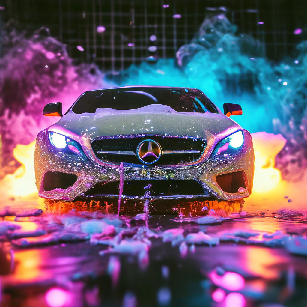 "Beautiful car in foam, car wash, black and neon, colored foam, burning ...