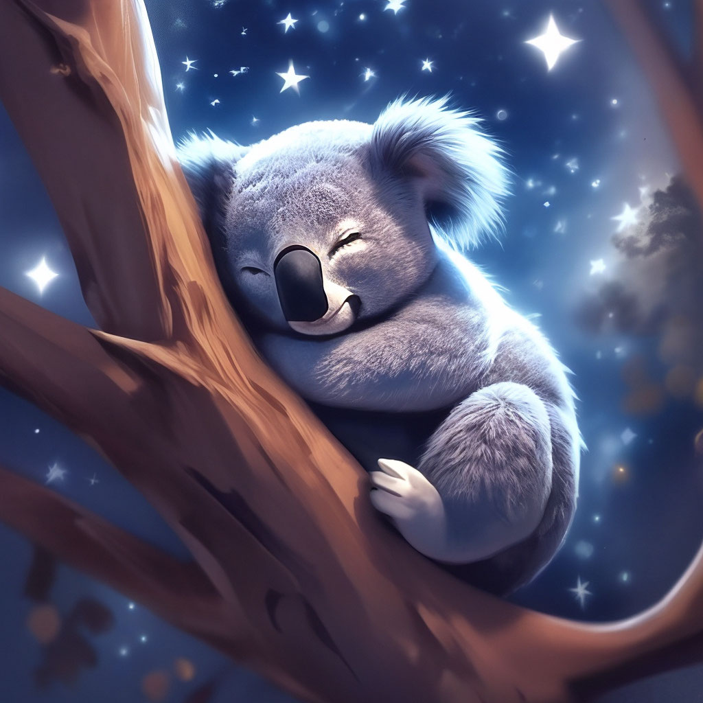 "Good night! Fluffy cute koala sleeping on a tree branch, night, stars ...