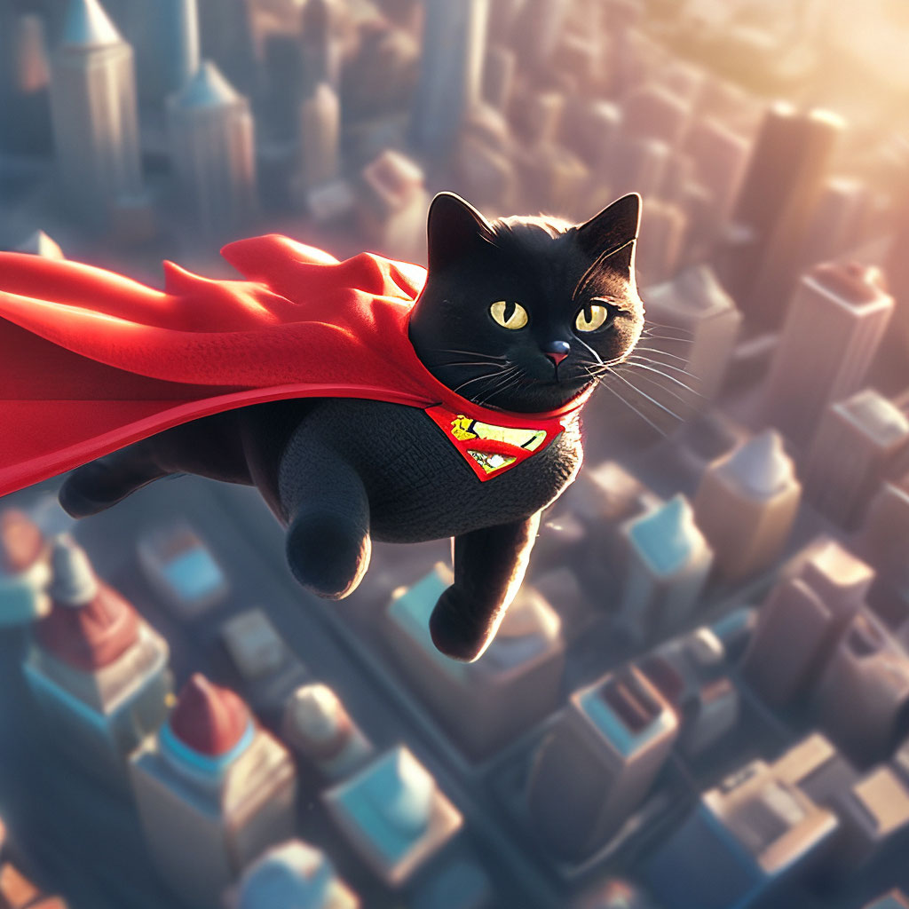 "A black superman cat in a red cape, flying horizontally over the city ...
