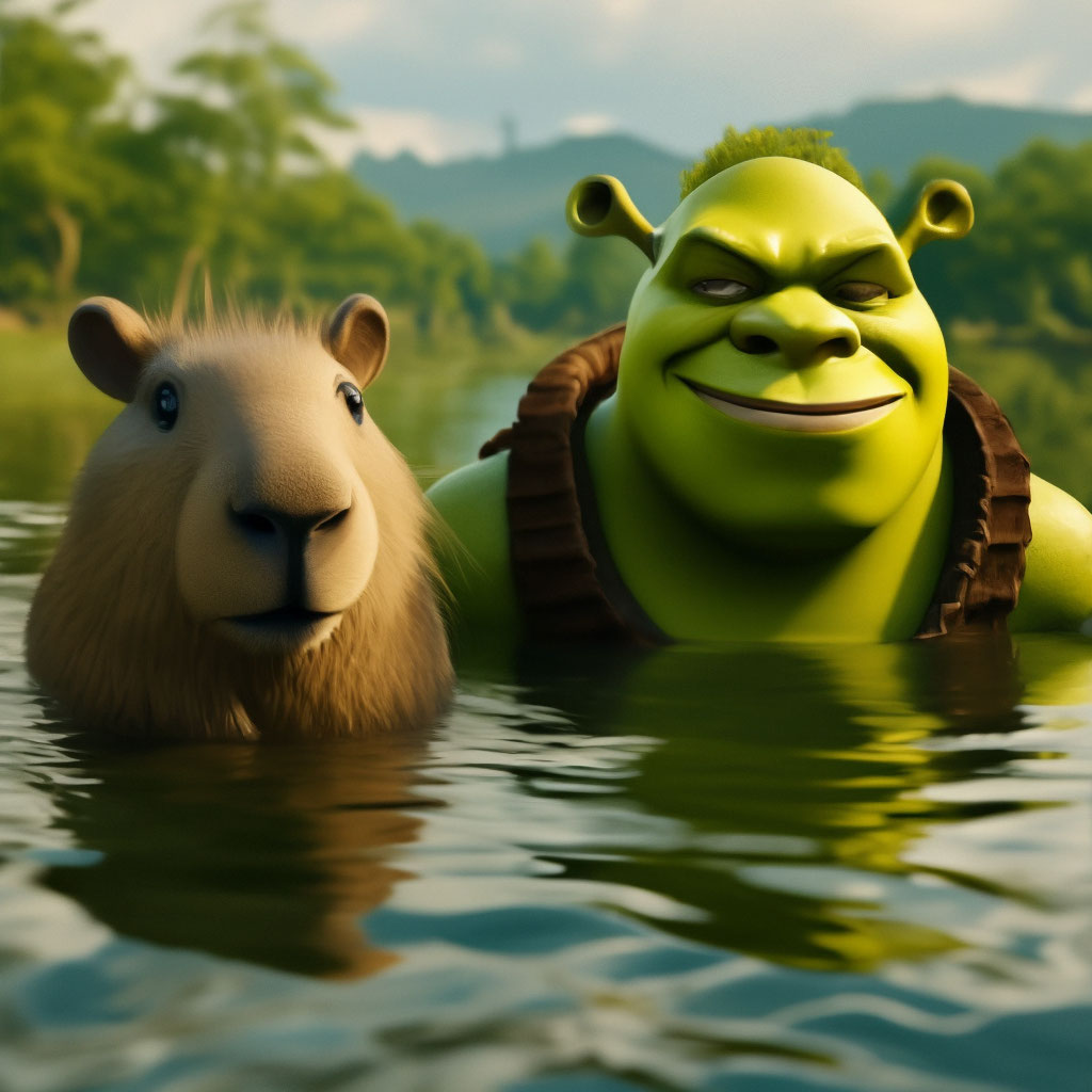 "Shrek and capybara swim in the lake" — image created in Shedevrum