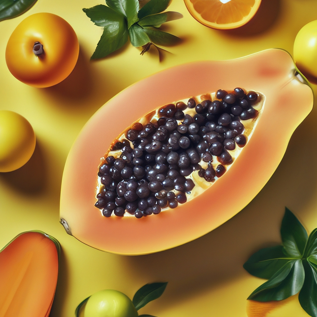 "Cut papaya surrounded by fruit on a yellow background, professional ...