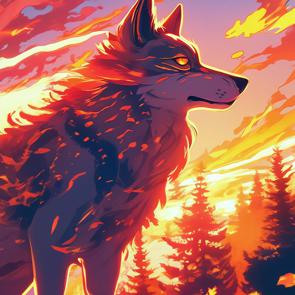 "Fiery autumn wolf, cgi, uhd" — image created in Shedevrum