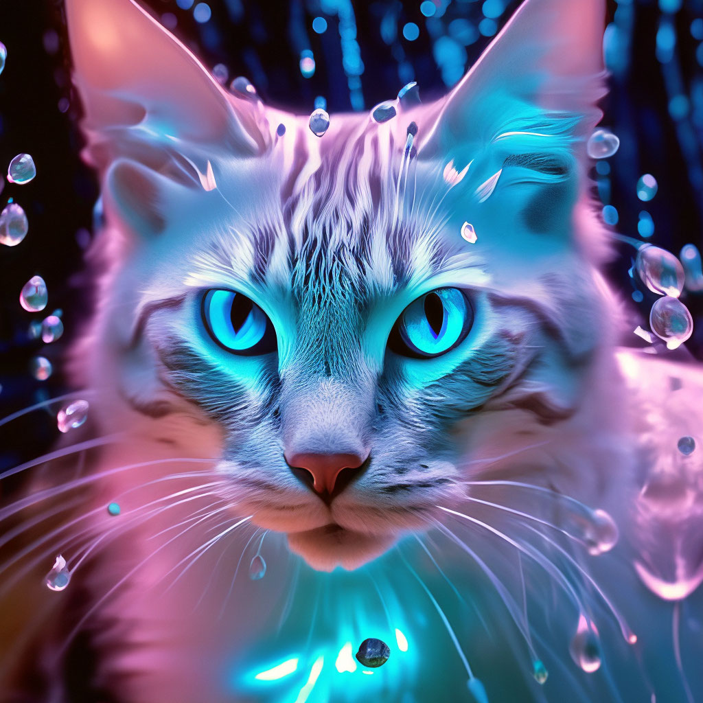 "Fabulous transparent opalescent ghost cat, infernal blue eyes ...