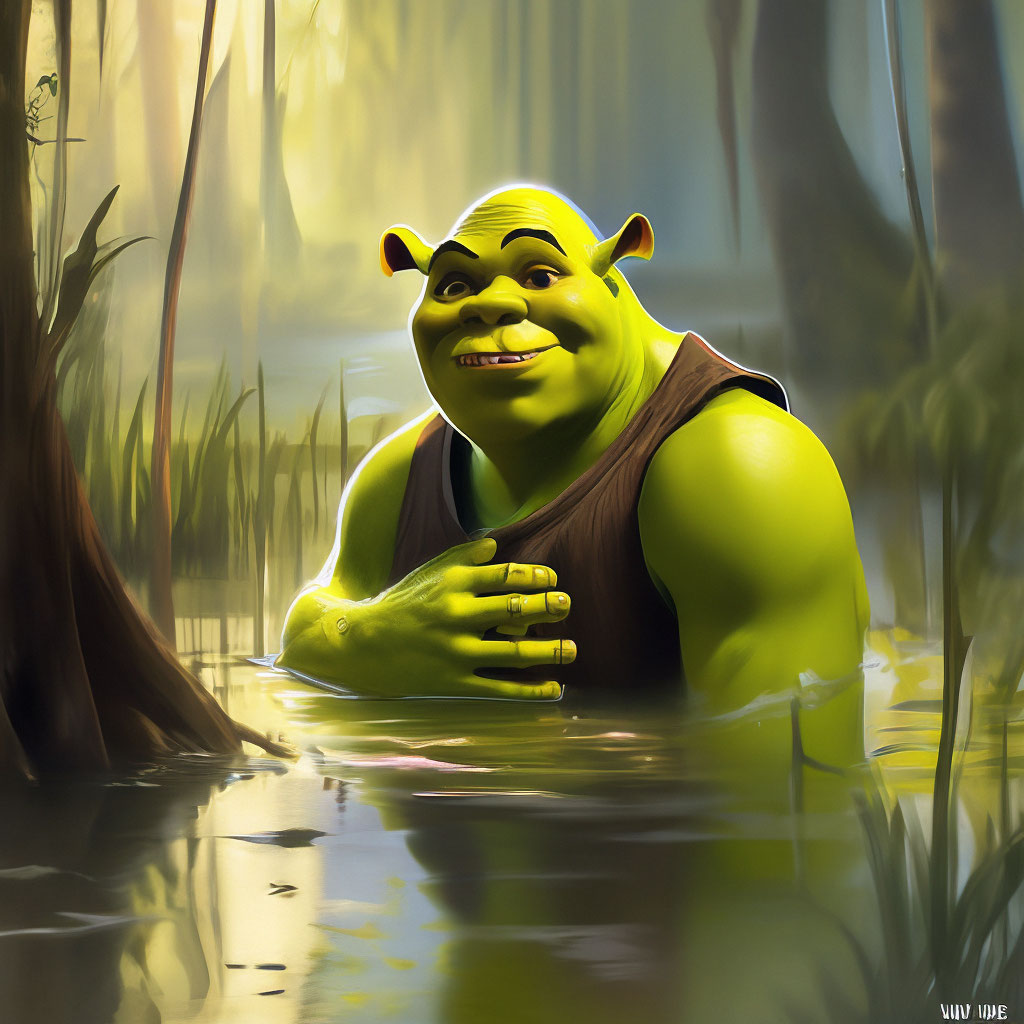 "Shrek in the swamp" — image created in Shedevrum