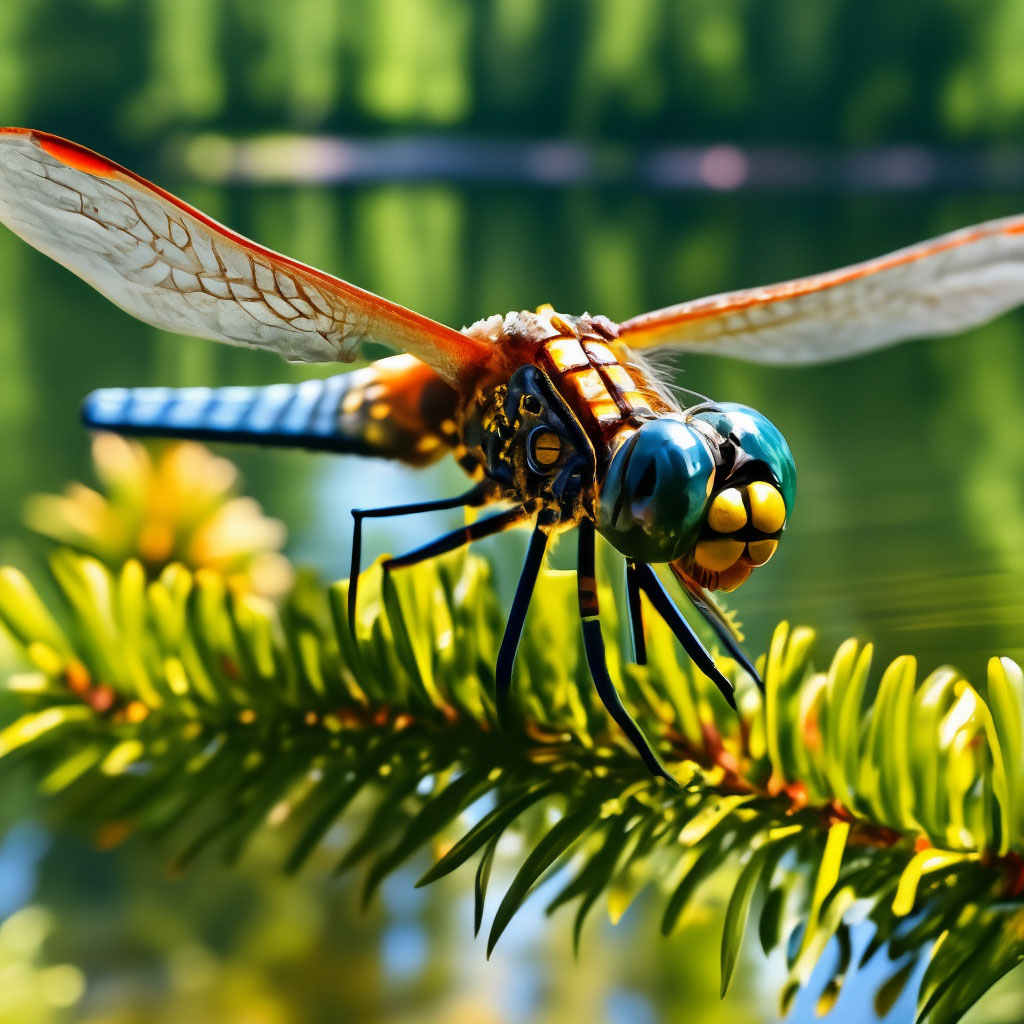 "A robotic endomorphic dragonfly sits on a branch of a Christmas tree ...