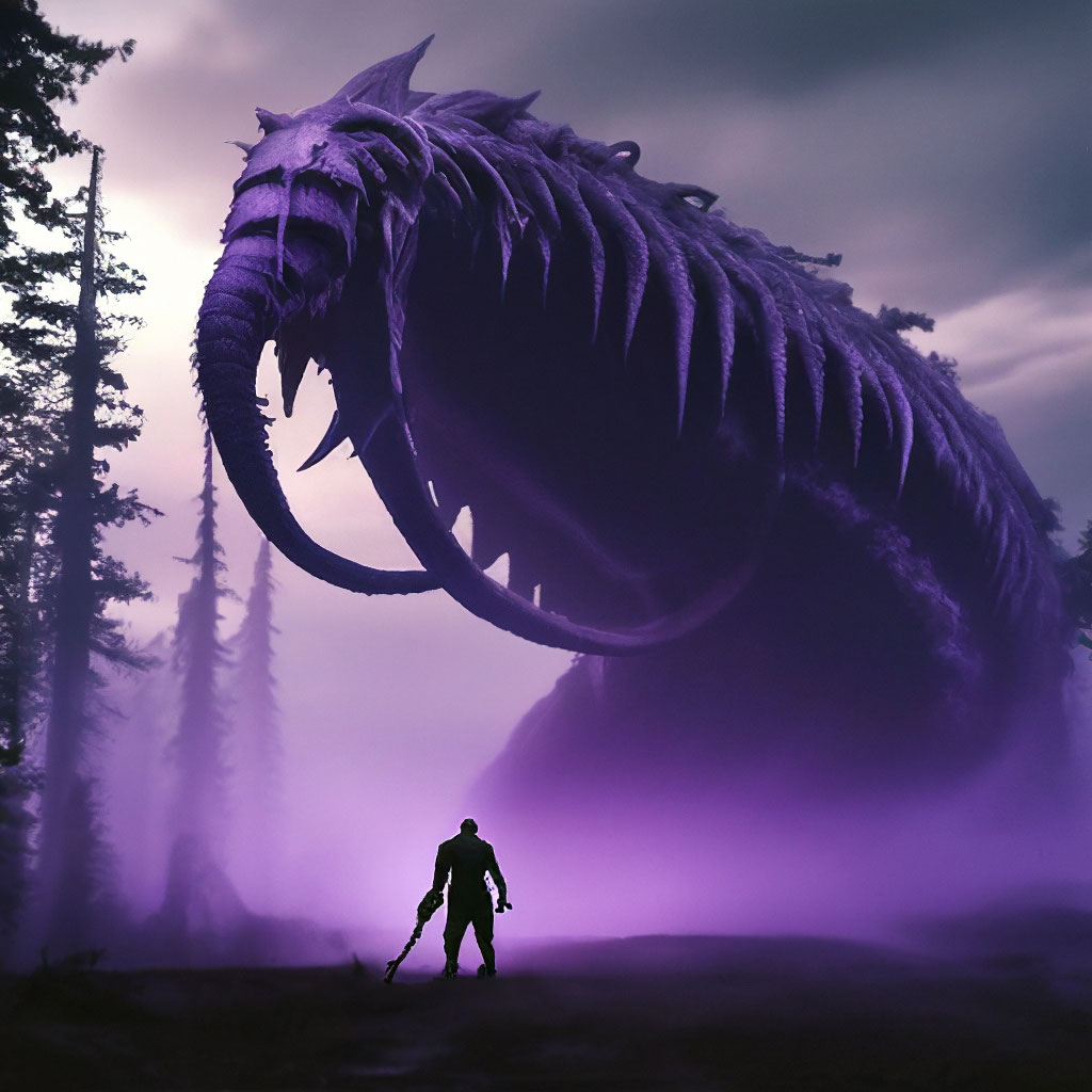 "Huge purple mutant worm, climbs out of the ground, sky-high, very tall ...