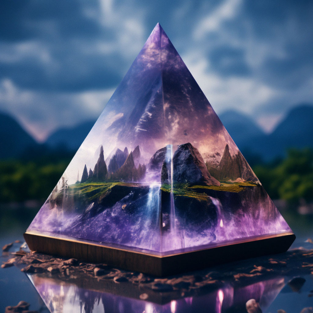 "A crystal pyramid with a magical spring world glowing inside, clouds ...