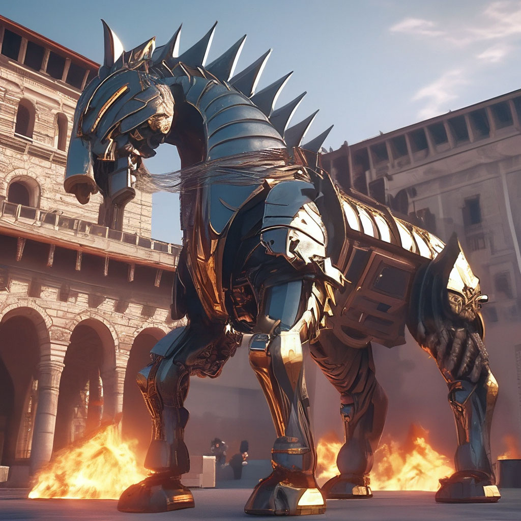 "Fire-breathing steel Trojan horse stands on the square in Troy ...