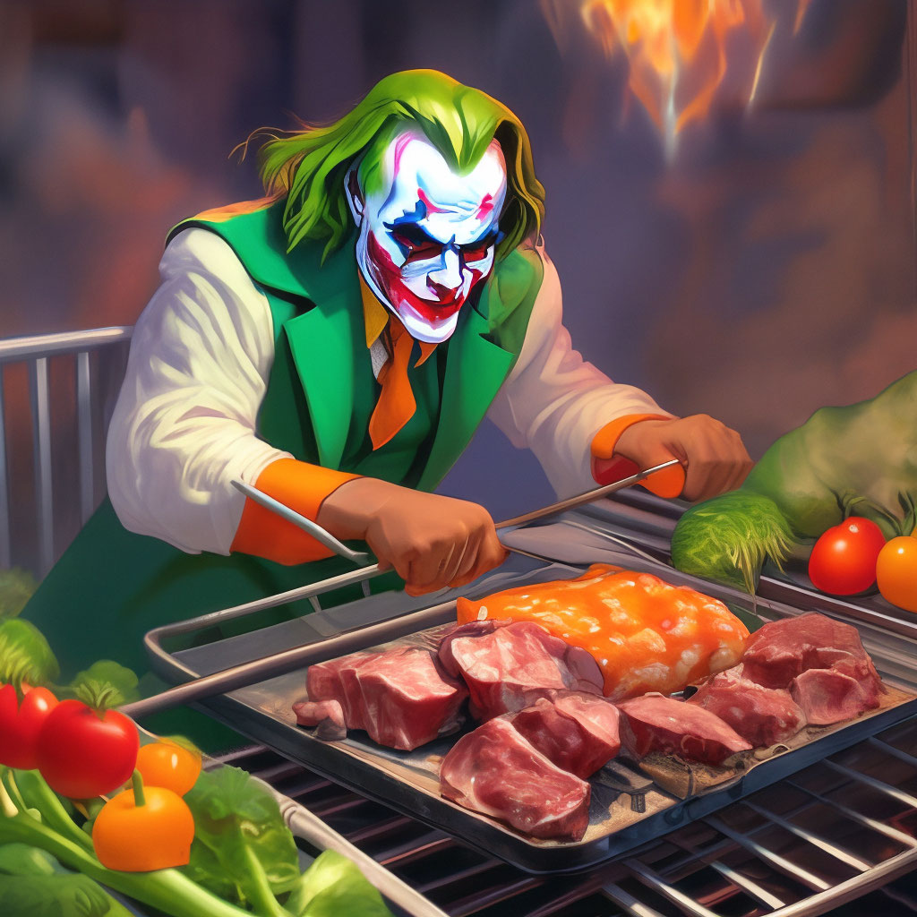 "Joker roasts meat with vegetables" — image created in Shedevrum