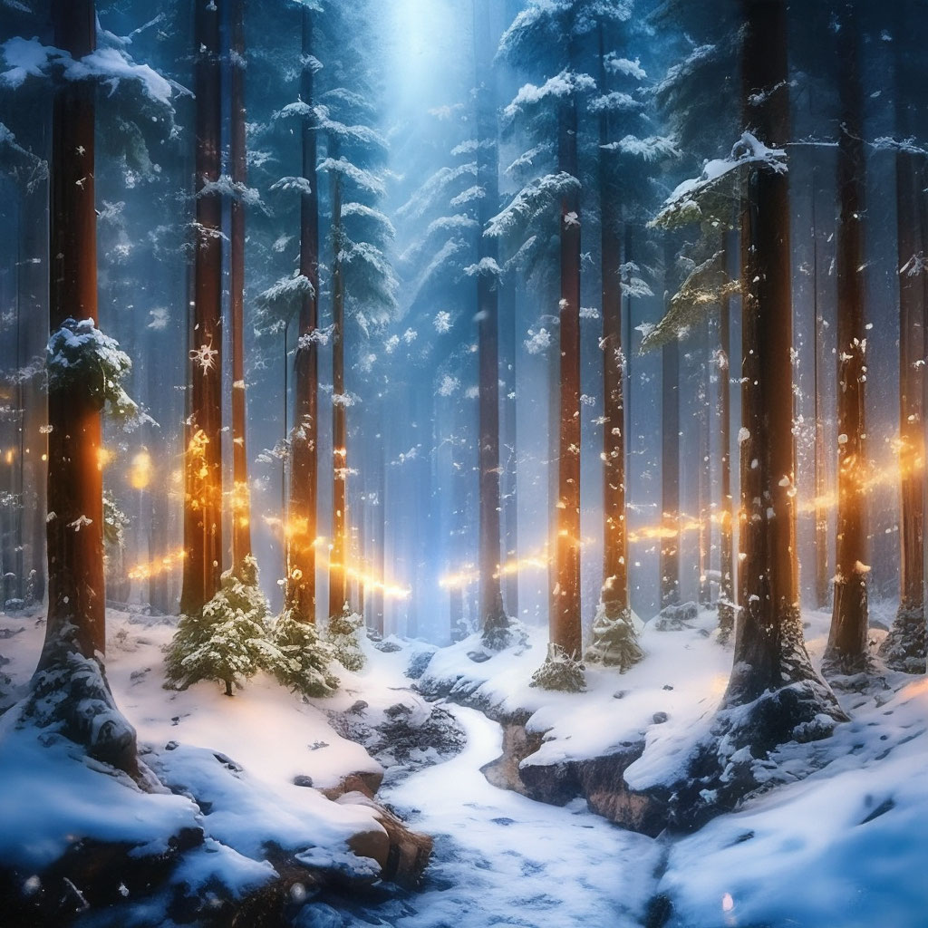 "Winter fairy forest with Christmas trees with falling snow" — image ...