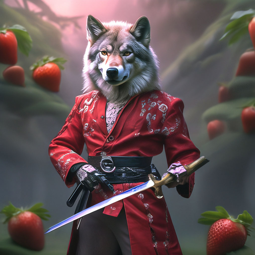 "Wolf and strawberry hybrid, full-length, revolver and katana in paws ...