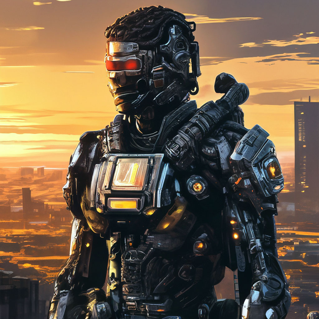 "Post-apocalyptic world, fantasy. Cyborg in black and shiny ...