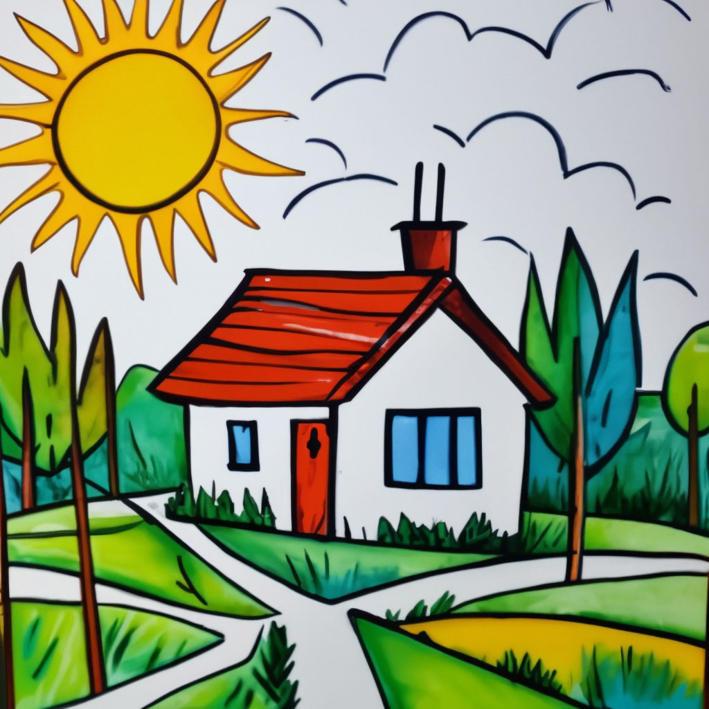 "Simple, naive, careless, children's drawing with a colored outline on ...