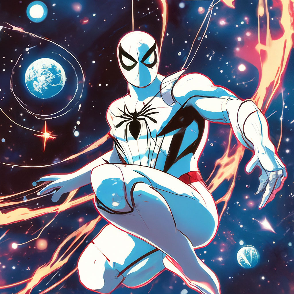 "Space spider-man, white suit, stars and galaxies, vector graphics ...