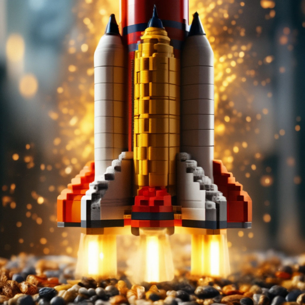 "Space rocket made of lego cubes, takes off, fire and sparks,brickwork ...