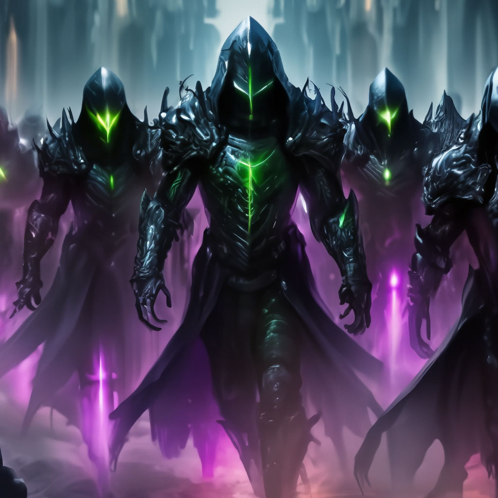 "An order of evil necromancers in black-purple-green armor, very bright ...