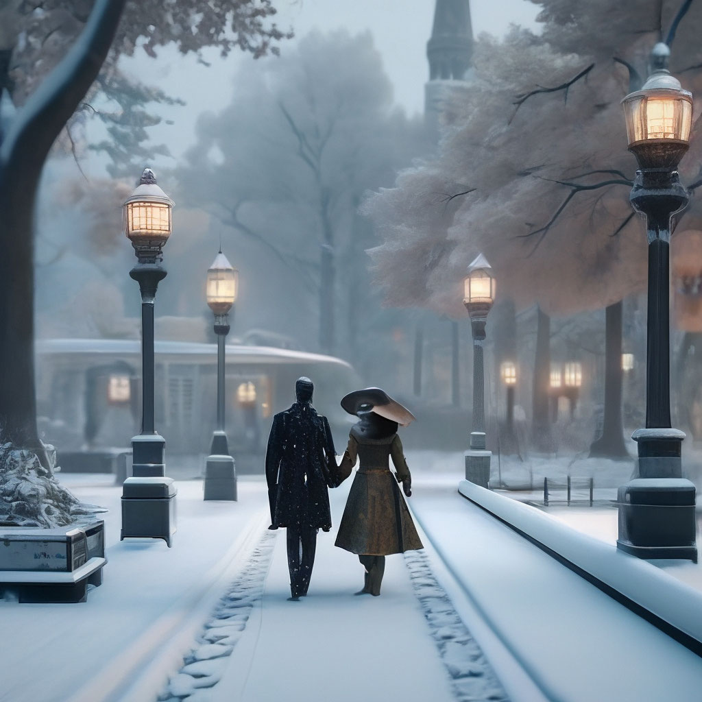"A couple walks through a snowy park, steampunk, cold, frosty, steam ...