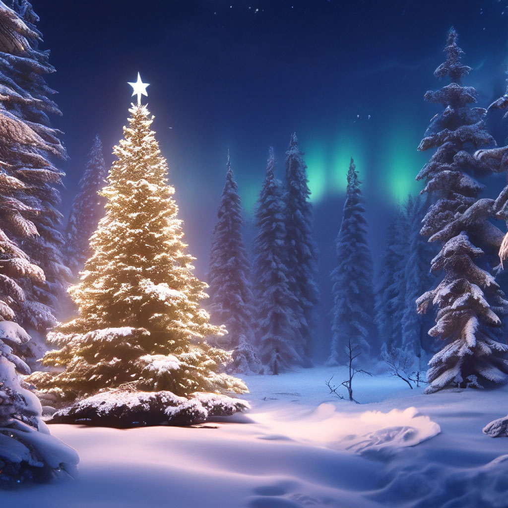 "Festive Christmas tree with garlands and lights in the forest, snowy ...