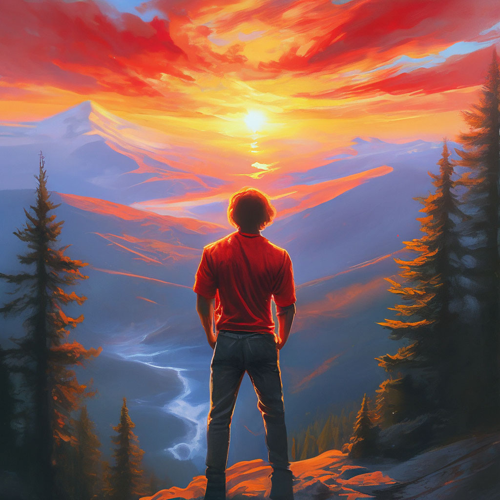 "Morning dawn, a man stands with his back to the wind blowing his hair ...